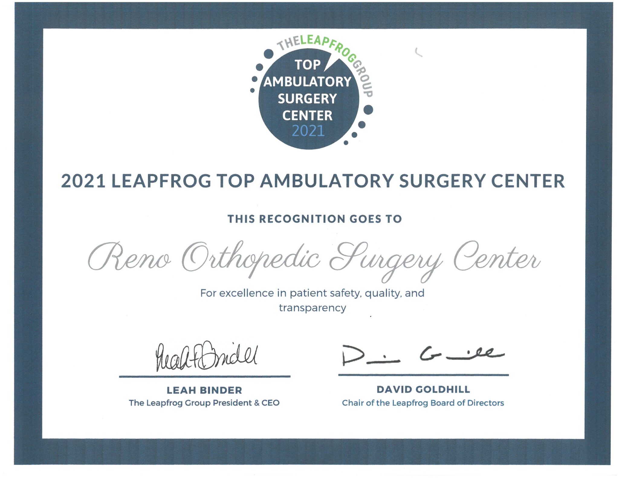 ROC Surgery Center Receives 2021 ASC Award - Reno Orthopedic Center